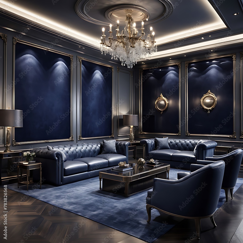 A living room or business lounge designed in deep, dark colours ...