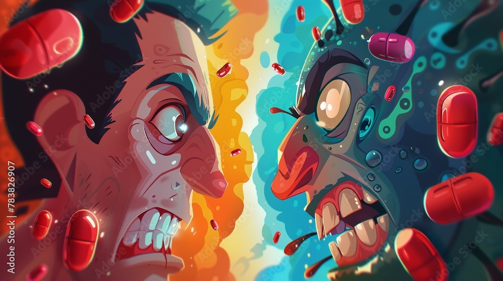 Cartoon showdown, pill hero vs virus villain, dramatic face-off ...