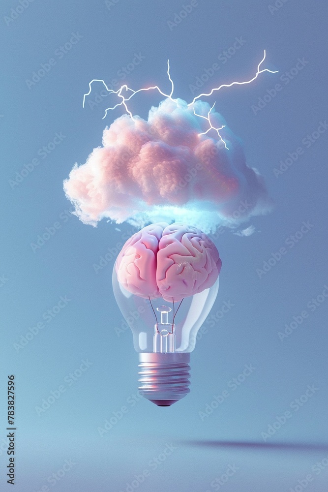 light bulb with a pastel brain, cloud with lightening above, pattern 3D ...