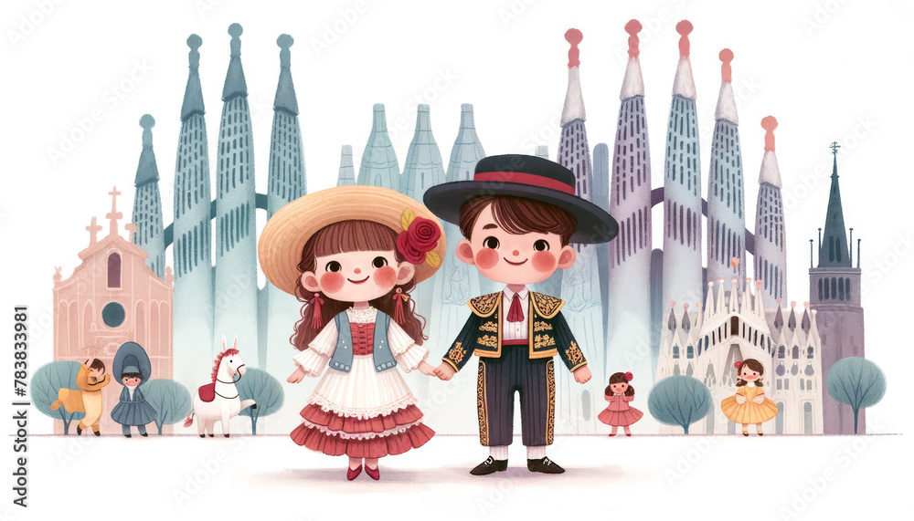 Girl and boy in traditional Spanish, Cute illustration of children in ...