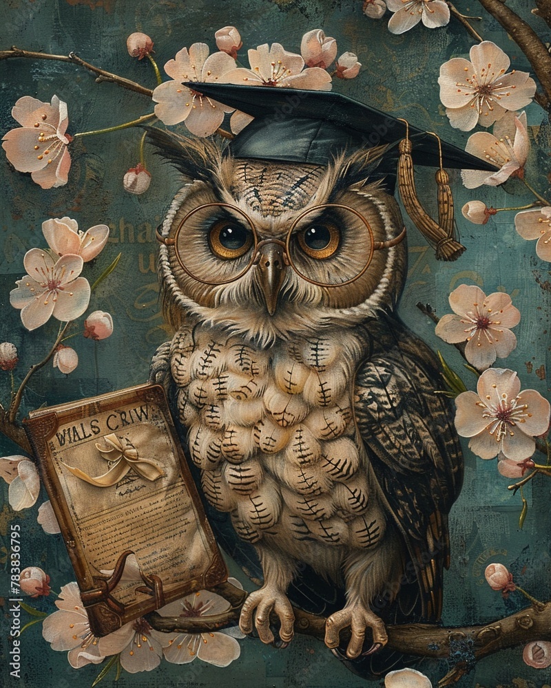 an owl sitting on a branch of a cherry blossom tree the owl is wearing ...