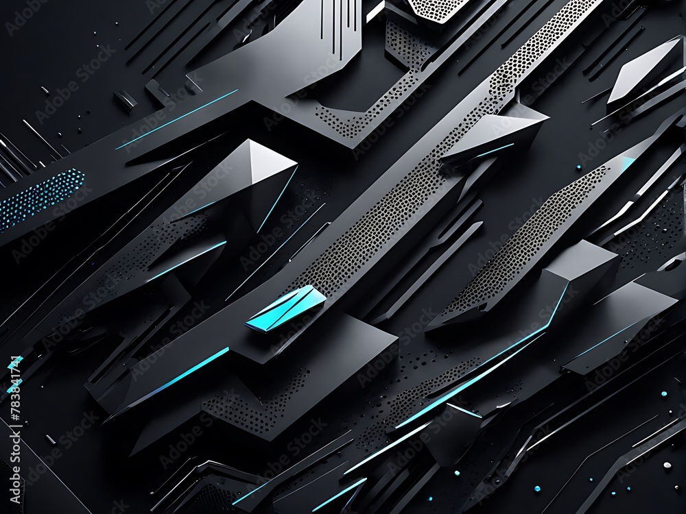 composition of futuristic, dark pieces against a background design of ...