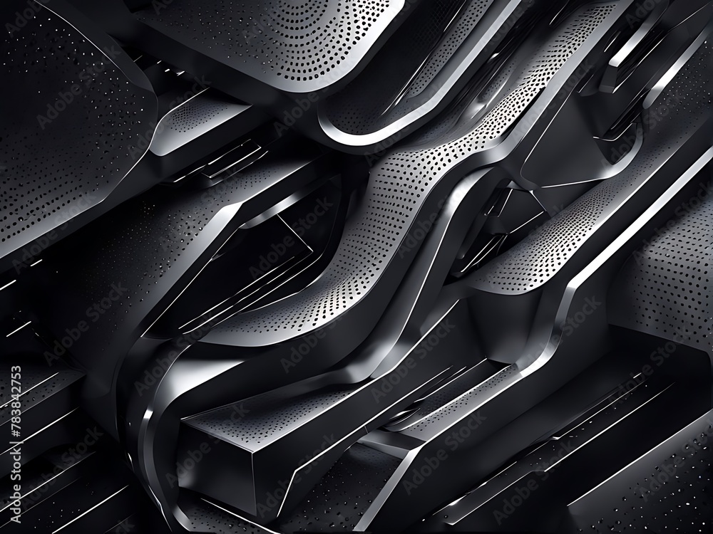 composition of futuristic, dark pieces against a background design of ...