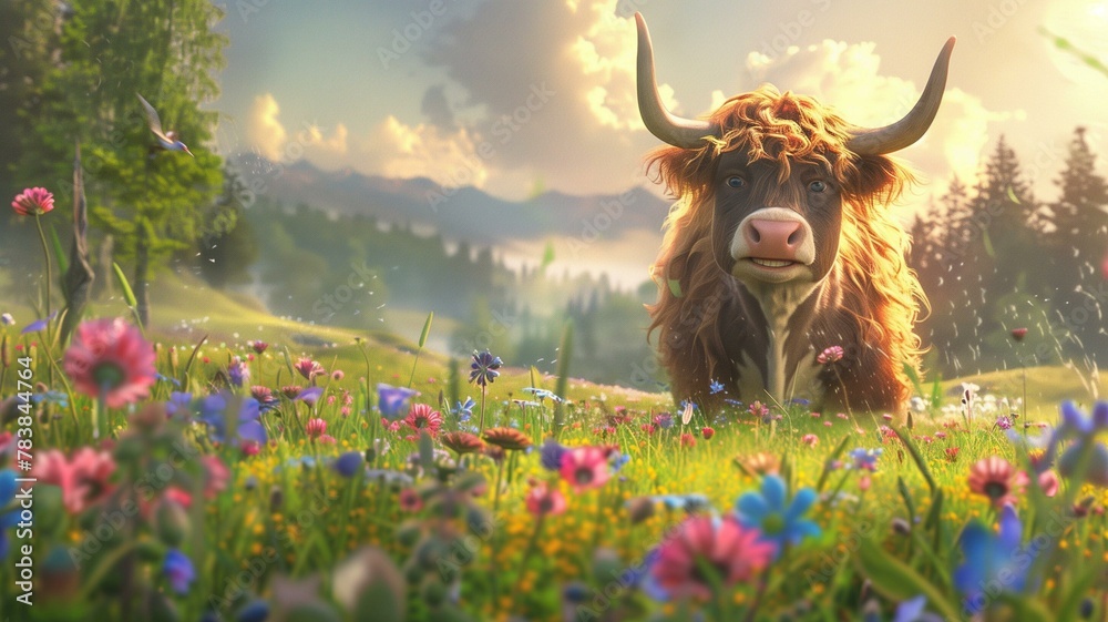 An enchanting illustration unfolds as a majestic Highland cow adorned ...