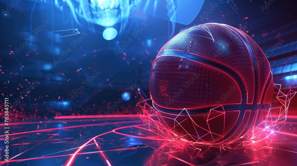 Mechanical futuristic basketball in shiny material with neon glowing ...