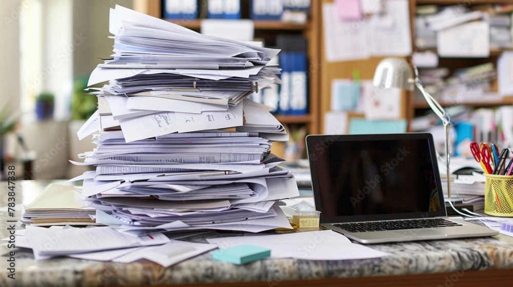 An office desk piled high with documents and a laptop displaying an ...