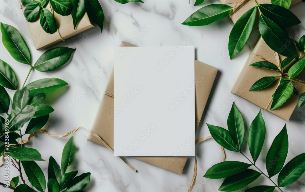 Tropical palm paper with box, envelope and white paper. Flat lay ...