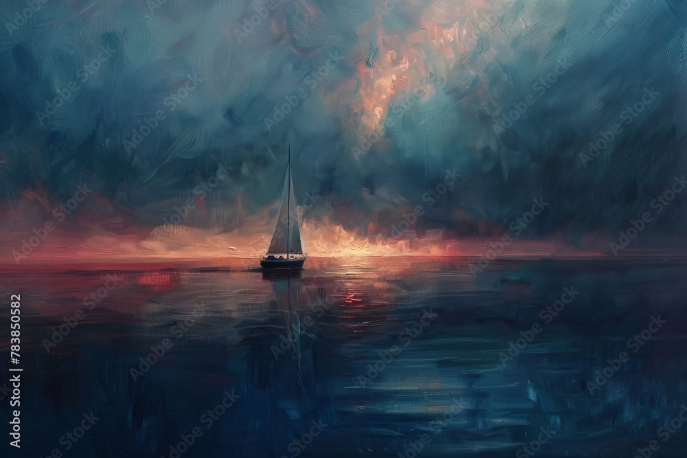 Nautical twilight with a lone yacht, a beacon of solitude in the vast ...