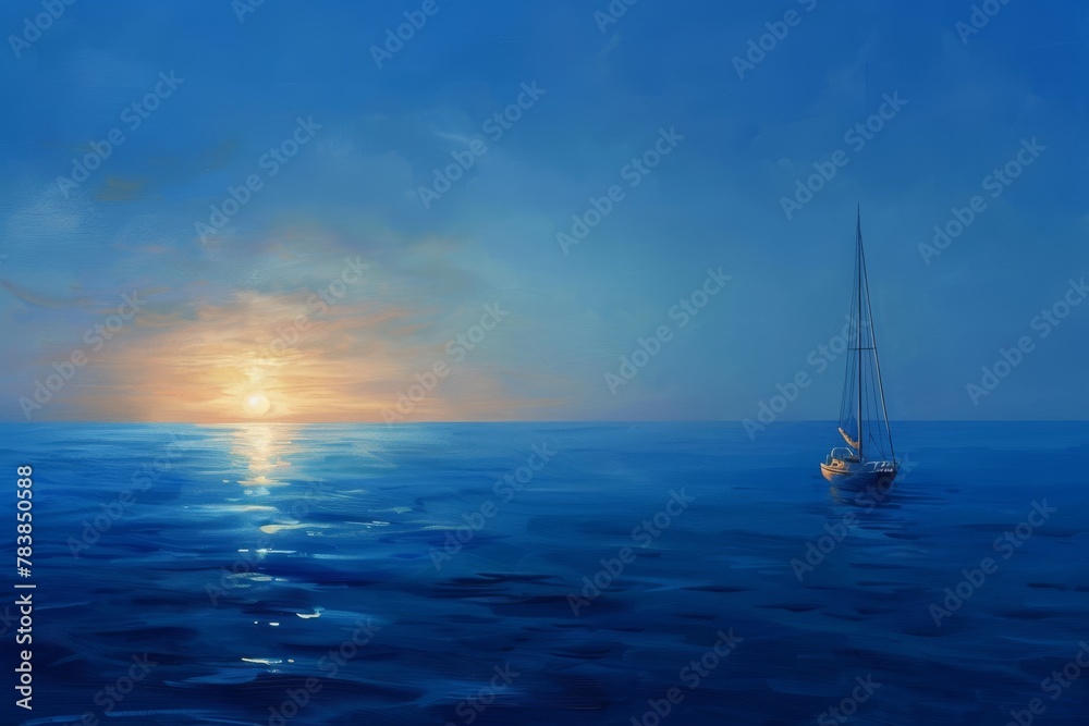 Nautical twilight with a lone yacht, a beacon of solitude in the vast ...