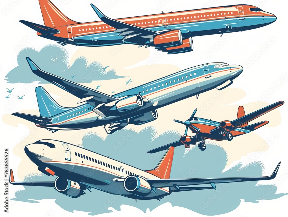 Vintage-style clipart featuring an airplane in various stages of flight ...