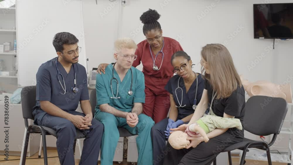 First aid. Group of doctors examining infant in medical clinic Stock ...