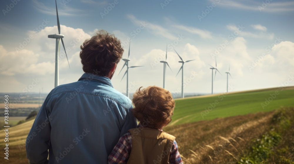 Back view of son on father's shoulder pointing ahead, field seeing wind ...