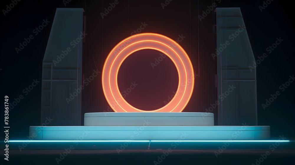 Vibrant Neon Circle Podium on Dramatic Futuristic Stage Design for ...