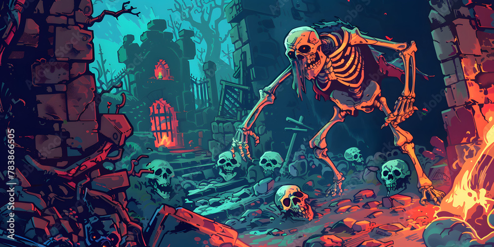monster skeletons and other undead in the cursed dungeon, 2d, cartoon ...