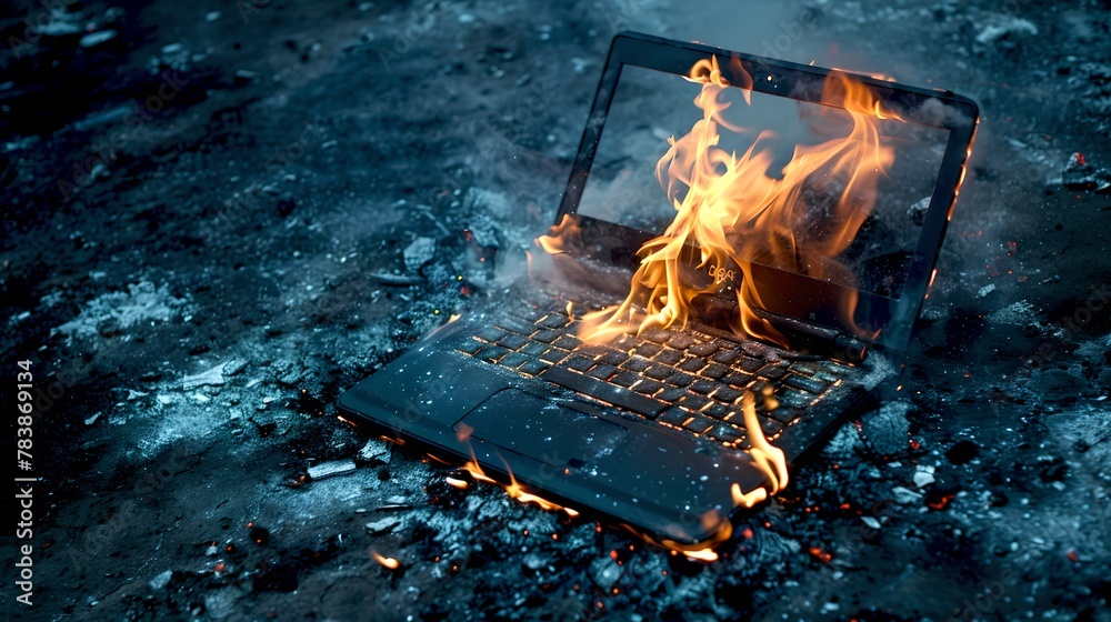 Laptop on fire in a dark atmosphere, symbolizing data loss or ...