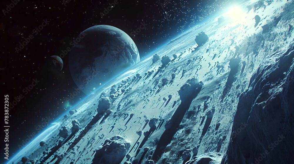 Stunning space vista with asteroids and distant planets. A cosmic scene ...