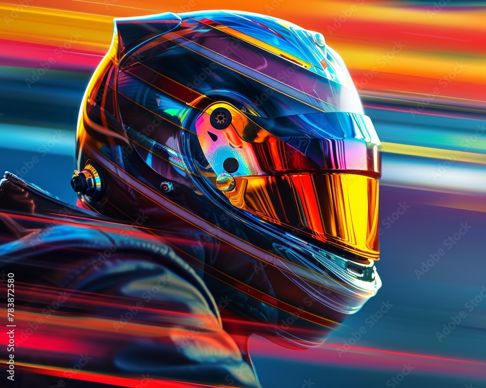 Anticipation high, a car driver in a sleek, reflective racing helmet ...