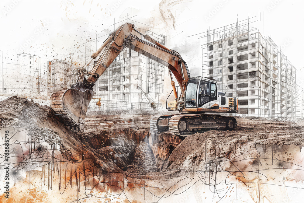 A large construction site with a large excavator digging into the ...
