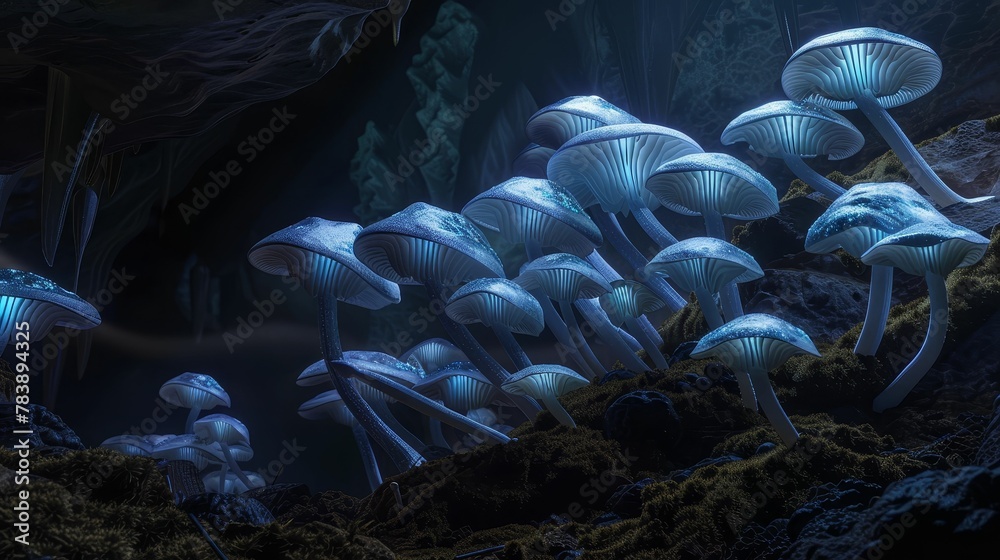 Cosmic Fungi, Bioluminescent Caps, Writhing tendrils, Growing in a dark ...