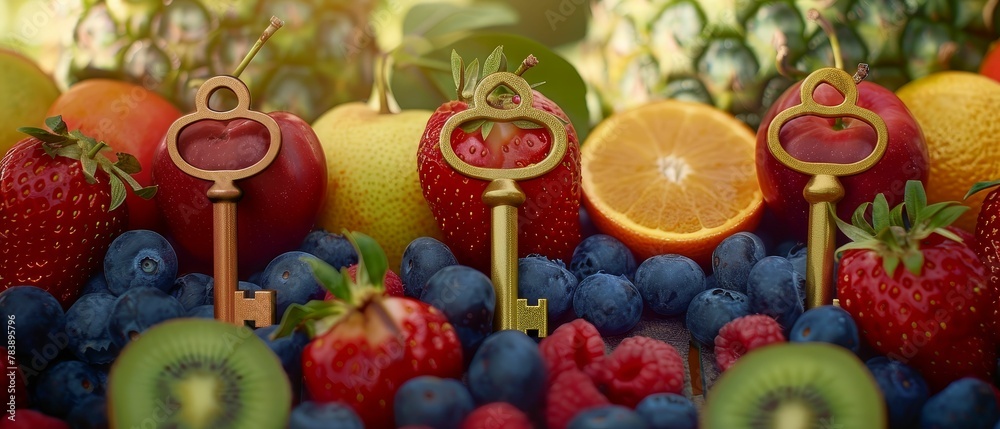 Fruits as keys to fantastical dimensions, each bite unlocking a door to ...