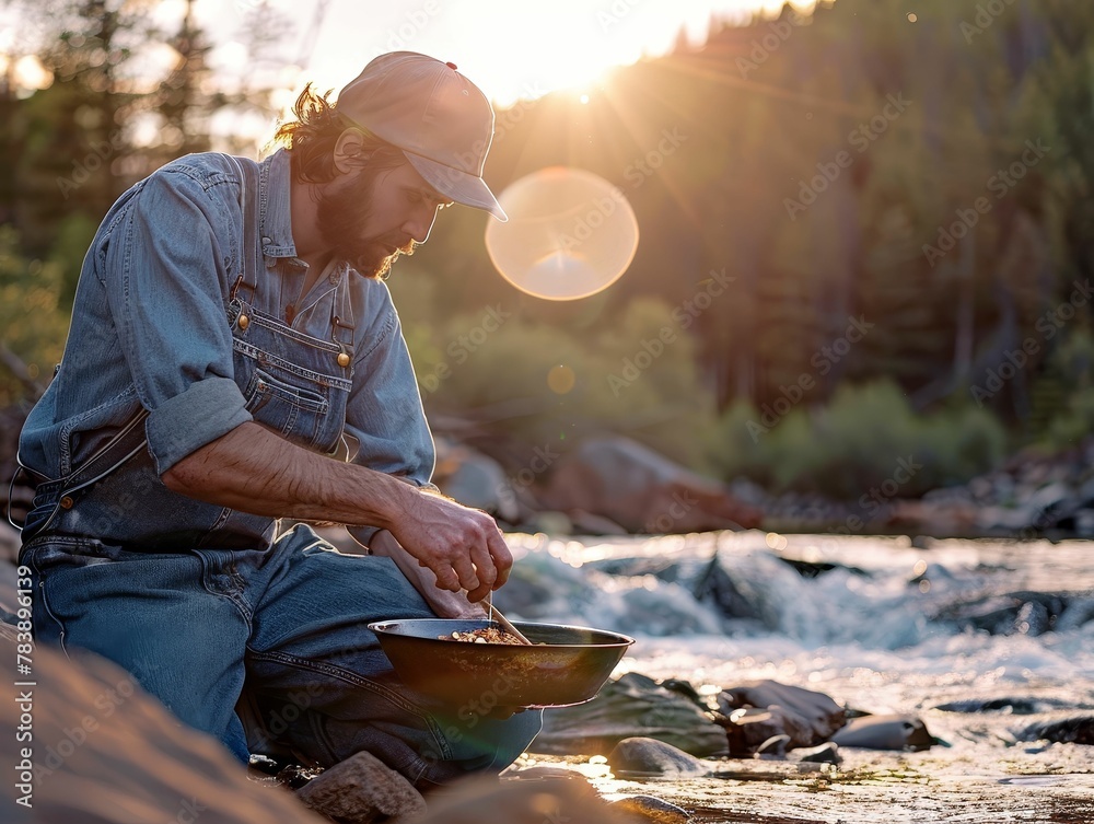 Gold Miner, denim overalls, rugged prospector, panning for gold nuggets ...