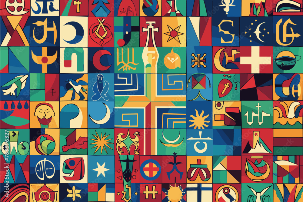Colorful mosaic depicting diverse religious symbols, promoting ...