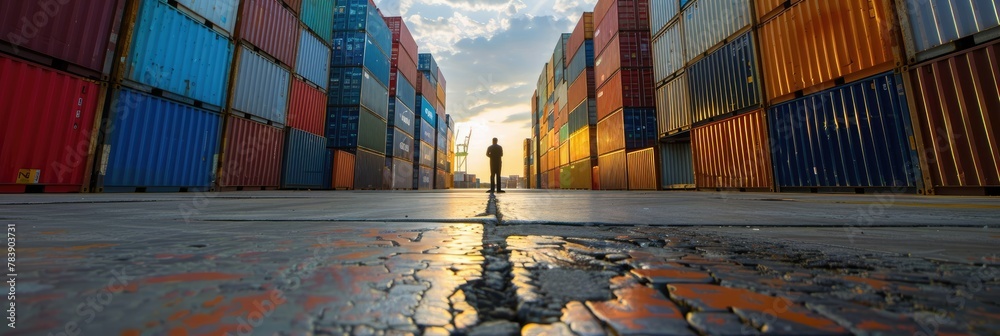 Silhouette of a person among shipping containers - A dramatic ...