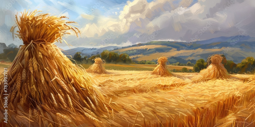 Harvesting Season: Wheat Sheaves Bundle in Golden Field for Harvest ...
