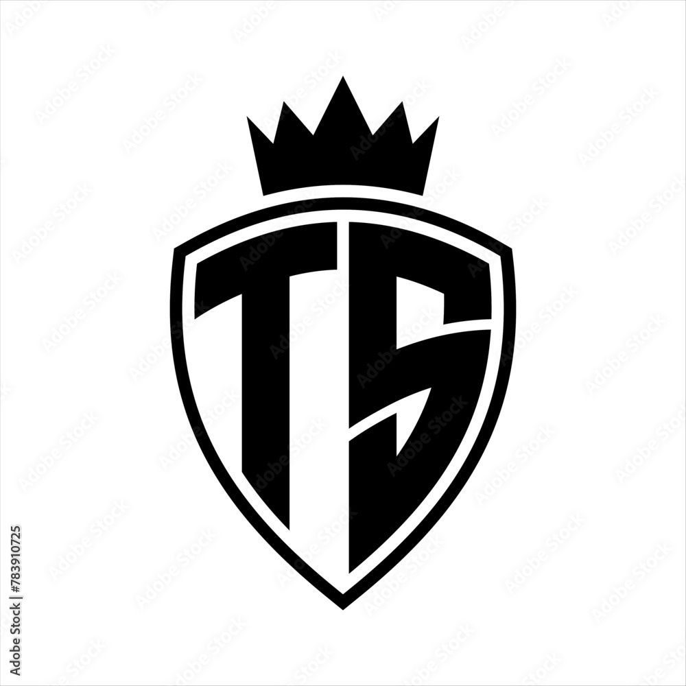 TS Letter monogram shield and crown outline shape with black and white ...