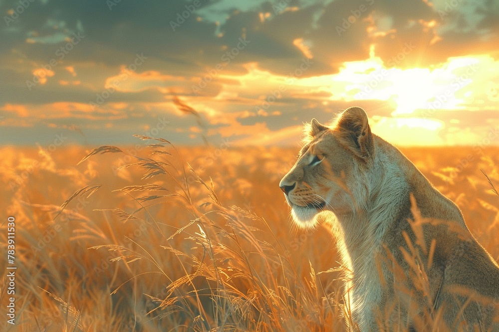 Envision a vast savanna stretching to the horizon, where a majestic ...