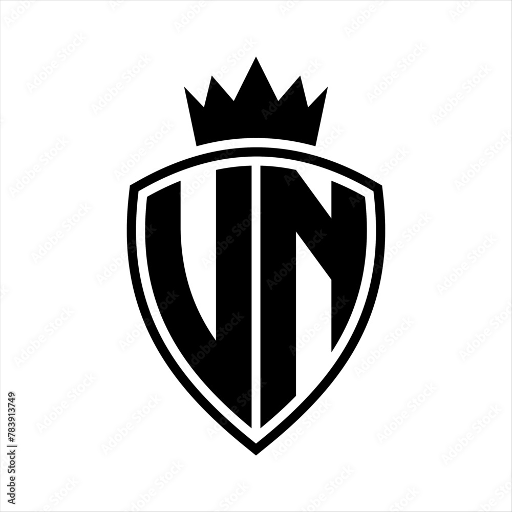 UN Letter monogram shield and crown outline shape with black and white ...