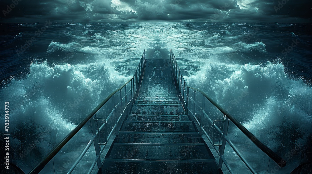 A set of stairs descends towards a vast body of stormy water Stairs ...