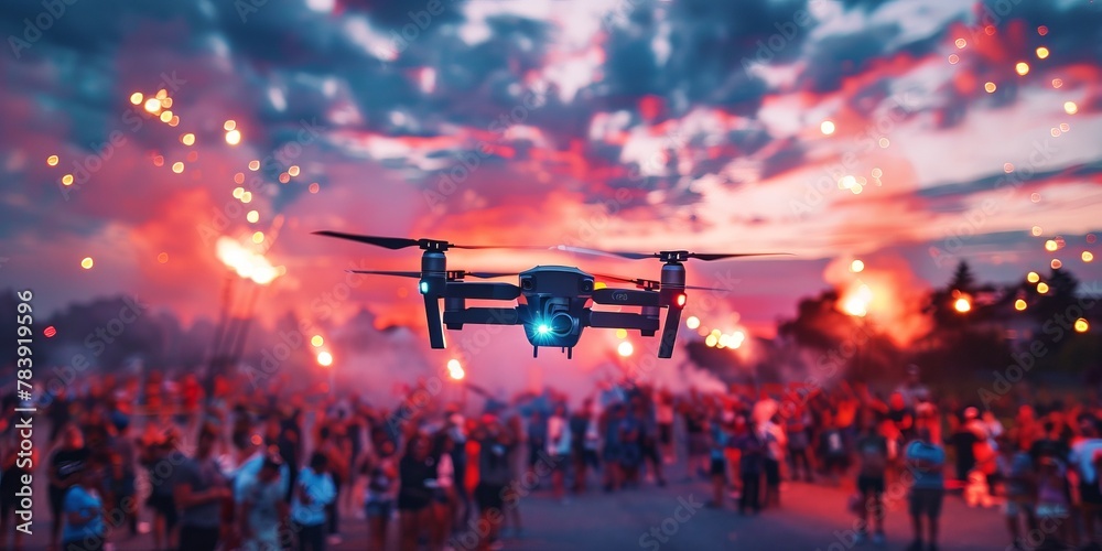 Dramatic Finish Line at Drone Race with Excited Crowd and Flares ...