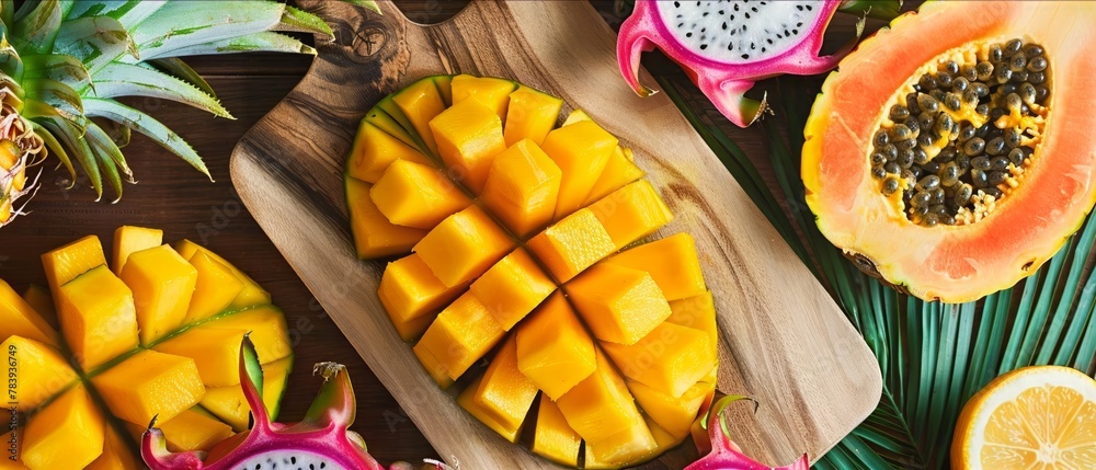 Flat lay of a tropical fruit station at a brunch, with sliced mango ...