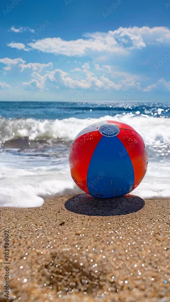 A red and blue beach ball is sitting on the sand. The beach ball is the ...