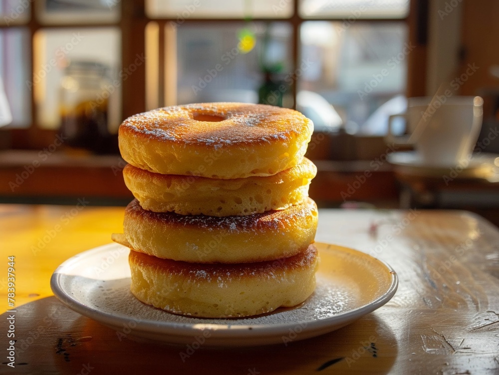 Lowangle shot showcasing a stack of fluffy Japanese pancakes, rich ...