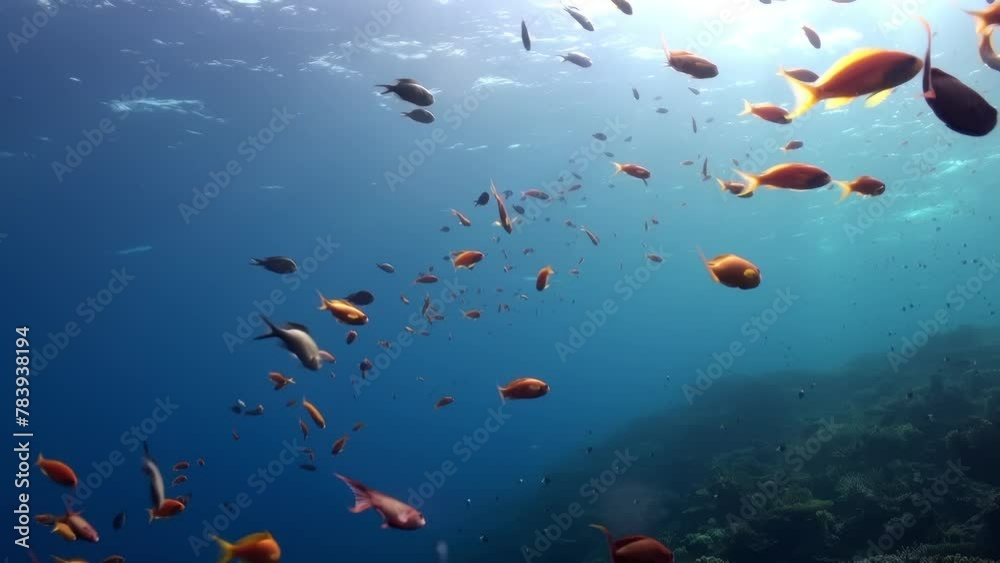 A school of fish swimming in the ocean. The fish are of various colors ...