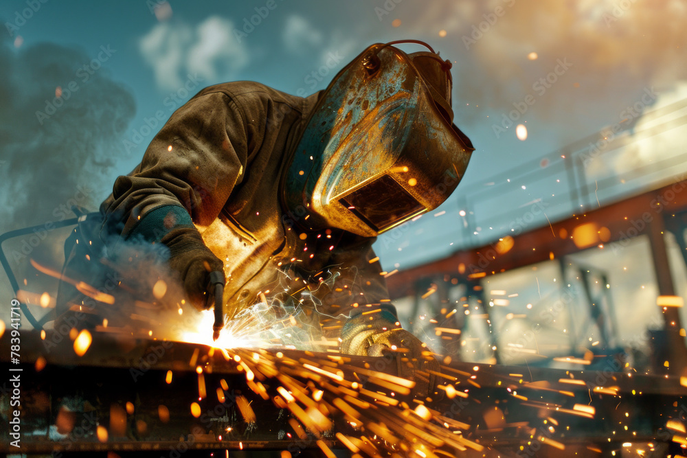 Professional Stock Photography, double exposure style, A skilled welder ...