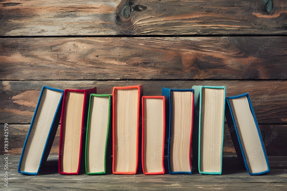 Books displayed on rustic wooden counter, educational perspective Stock ...