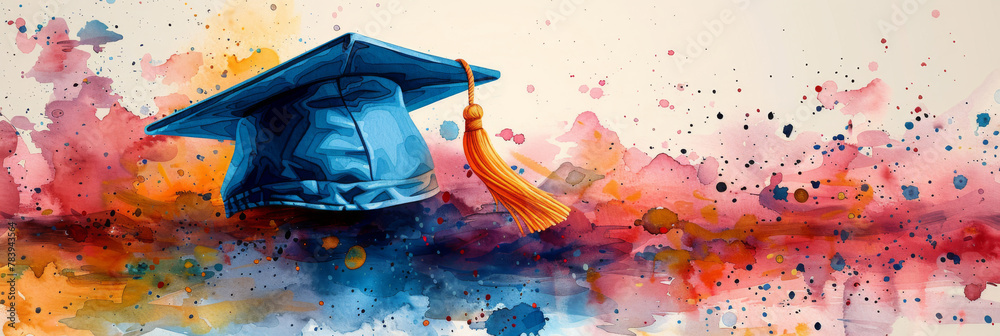 Banner with graduation cap and watercolor splashes, illustration Stock ...