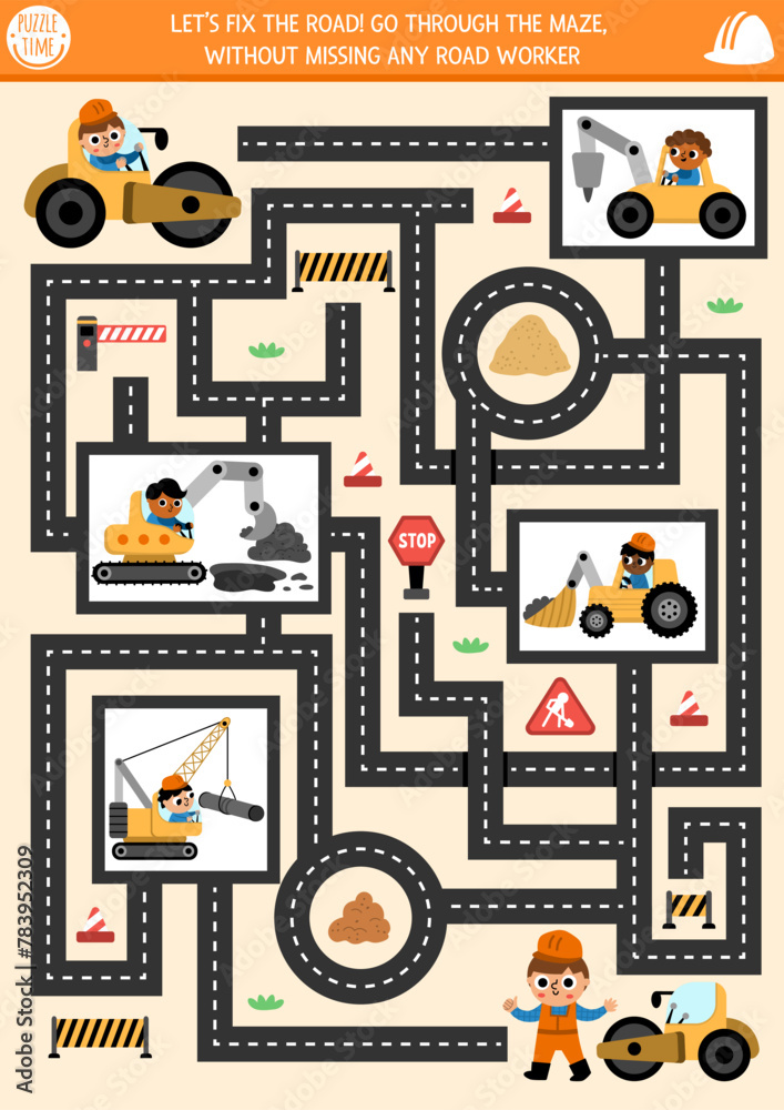 Construction site geometrical maze for kids with road repair concept ...