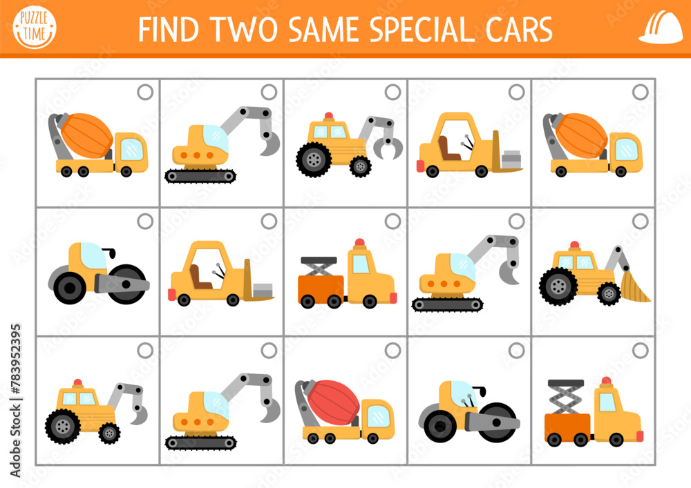 Find two same special cars. Construction site matching activity for ...