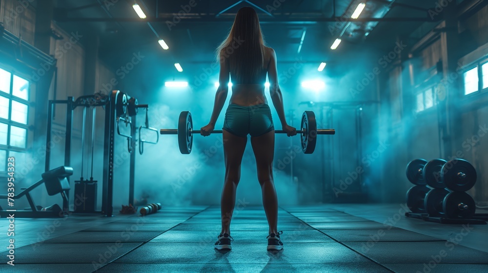 beautiful Young woman lifting weights in gym wide-angel full body shot ...