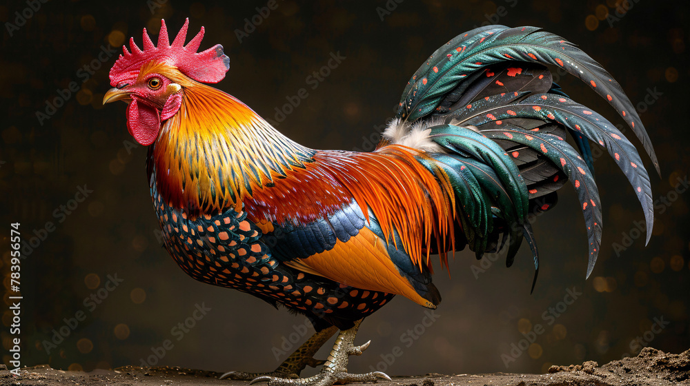 Beautiful Rooster standing on the grass in blurred nature green ...