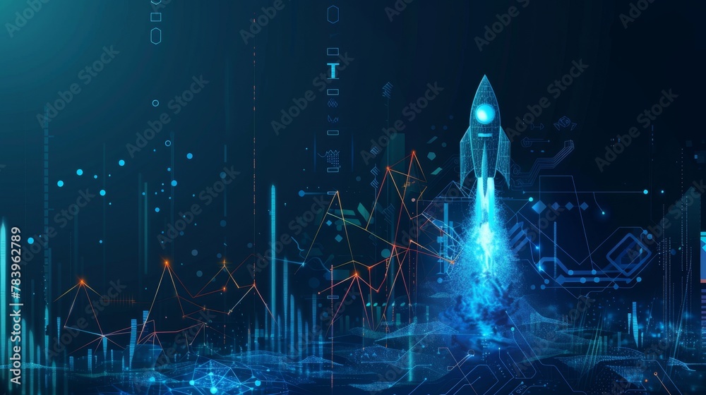 Abstract growth graph chart with launch rocket on technology blue ...