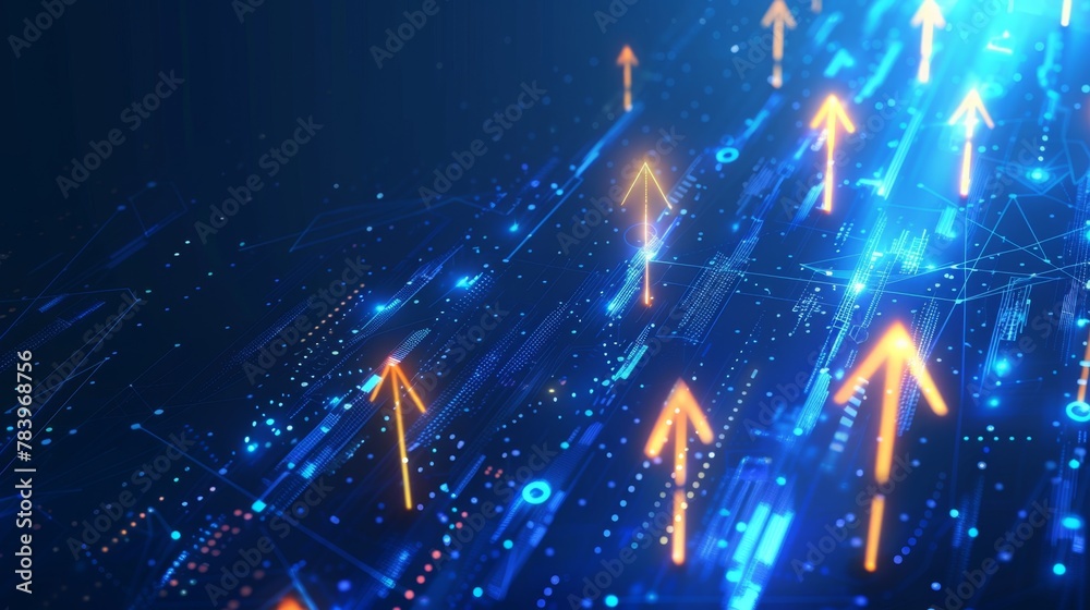 Digital bunch of glowing arrows up diagonally. Abstract boosting ...