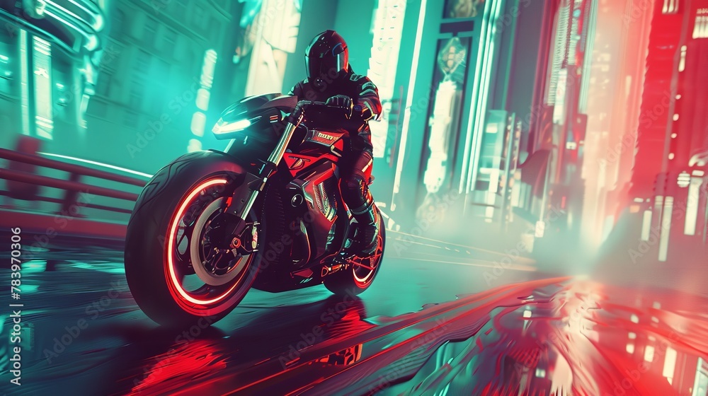 Fast shots of a man riding a bike in a cyberpunk, futuristic city ...