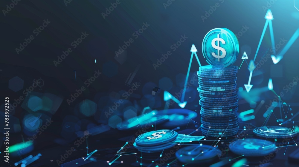 Increase Revenue Concept. Light Blue Dollar Coin and Money Stack with ...