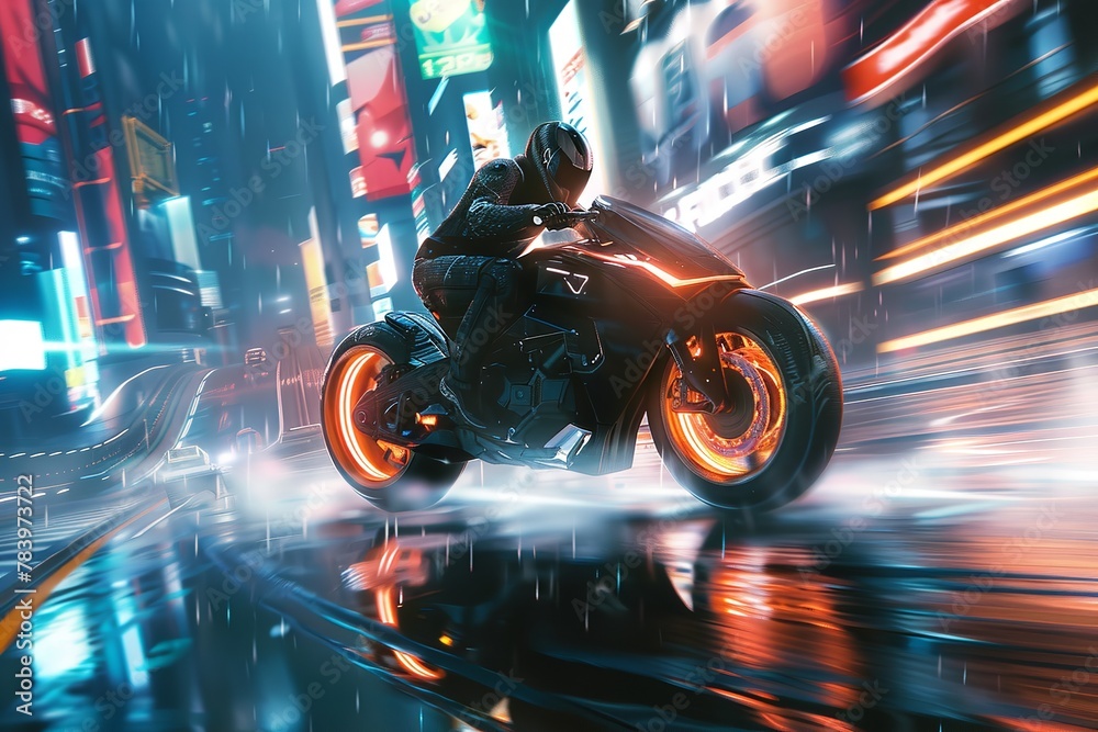 Fast shots of a man riding a bike in a cyberpunk, futuristic city ...