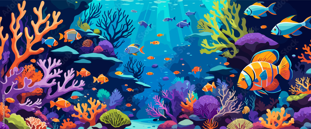Underwater vector background, banner. Life at sea or ocean bottom. Exotic undersea world with ...